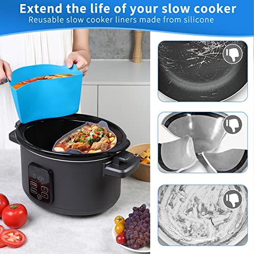 Slow Cooker Liners for Crockpot Crock Pot 6-8 QT, Reusable Silicone Slow Cooker Divider Liner large Size for 6-8 Quart Oval Slow Cooker,Crock Pot Divider Insert, Dishwasher Safe, BPA Free(Blue +Red) (Blue +Gray)