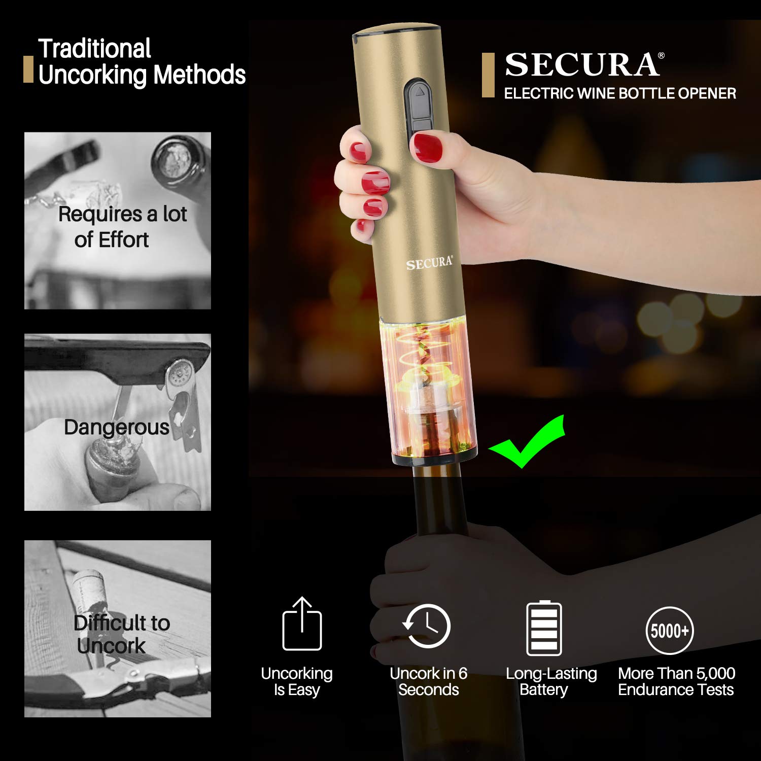 Secura Electric Wine Opener, Automatic Electric Wine Bottle Corkscrew Opener with Foil Cutter, Rechargeable (Champagne Gold)