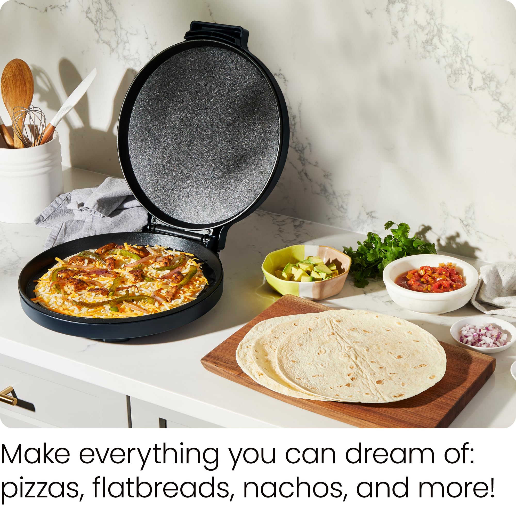 Chefman Everything Maker & Pizza Oven β 1440W Countertop Electric Pizza Maker with 12β Nonstick Cooking Plates, Make Pizza, Quesadillas, Omelettes and More, with Indicator Lights and Vertical Storage