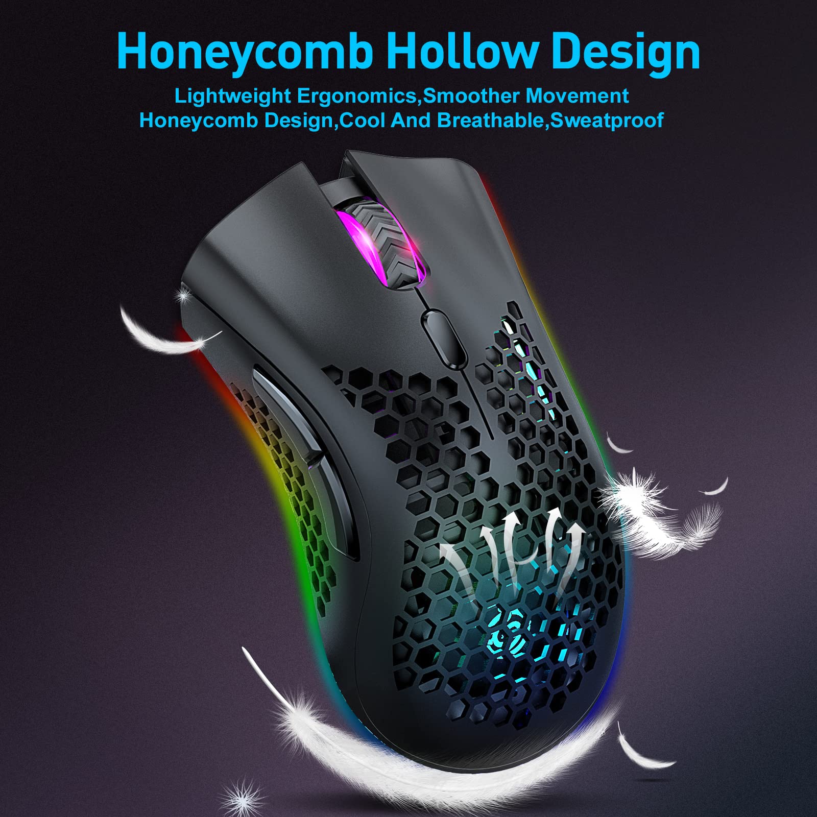 HETOETF Wireless Gaming Mouse,Double Mode 2.4G/Bluetooth Mouse Gaming,Honeycomb Shell,Adjustable DPI,RGB Backlit,Rechargeable Computer Mouse for Laptop,PC,Mac