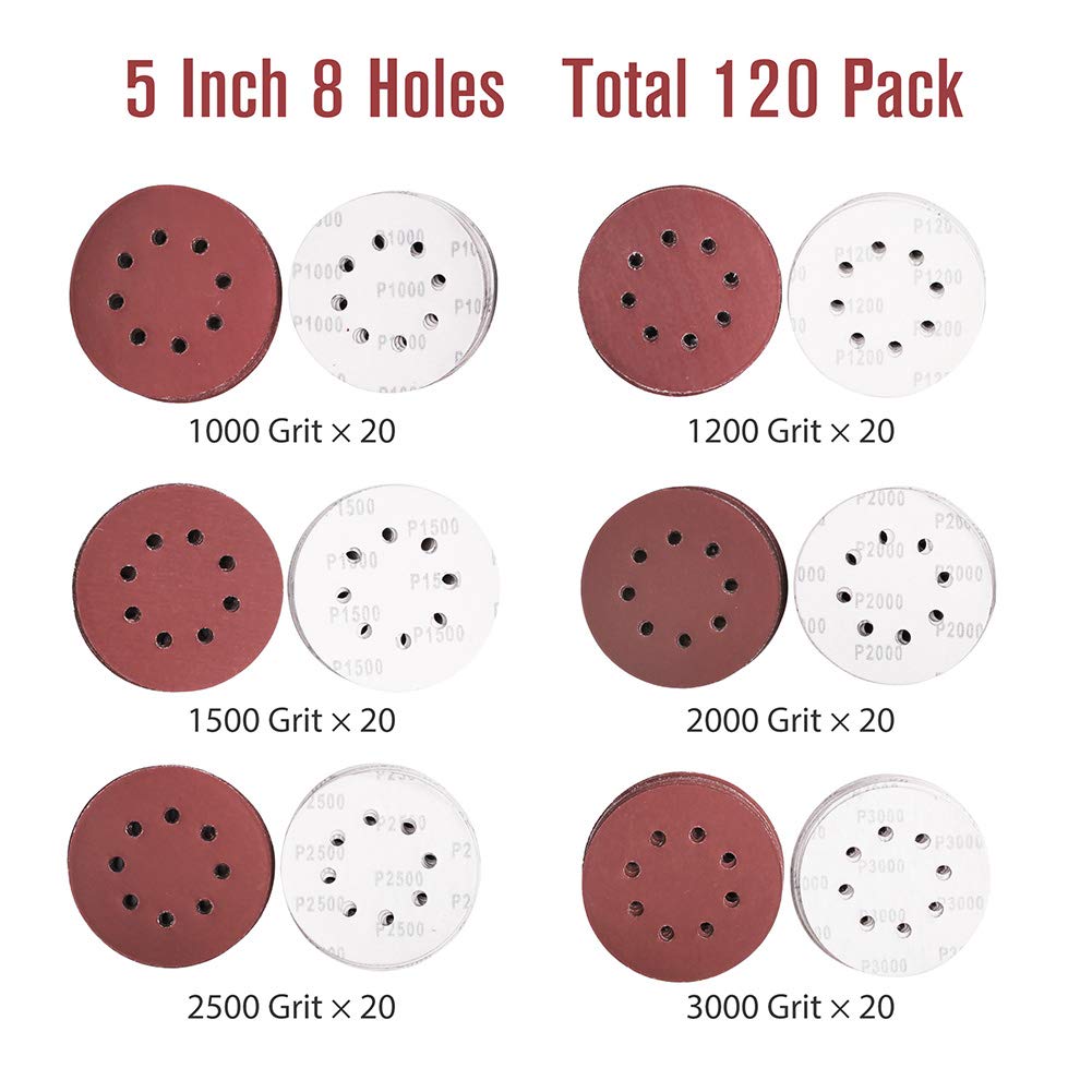 LotFancy Sanding Disc 5 Inch 8 Hole, 120PCS - 1000 1200 1500 2000 2500 3000 Grit Assorted, Random Orbital Sander Pads, Hook and Loop Sandpaper