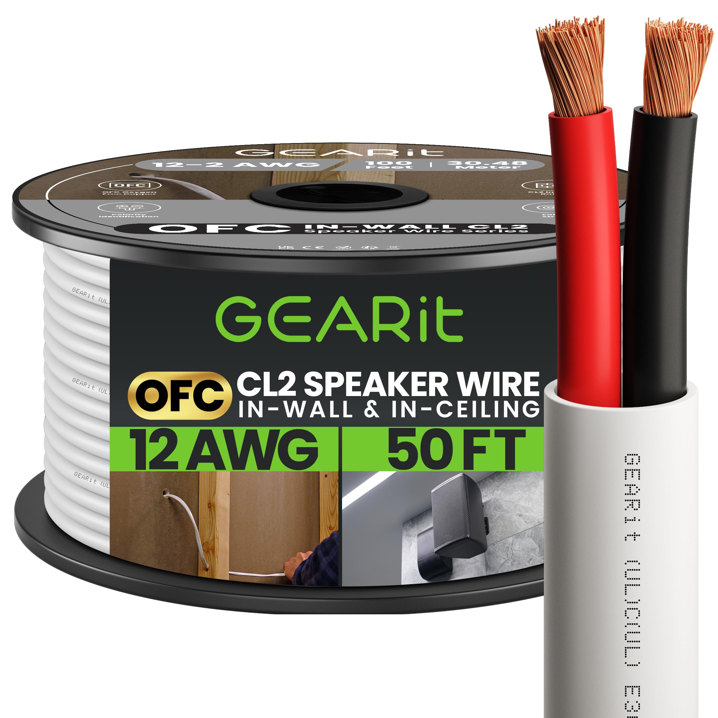GearIT 12/2 Speaker Wire (50 Feet) 12AWG Gauge - in Wall Audio Speaker Wire Cable / CL2 Rated / 2 Conductors - OFC Oxygen-Free Copper, White 50ft