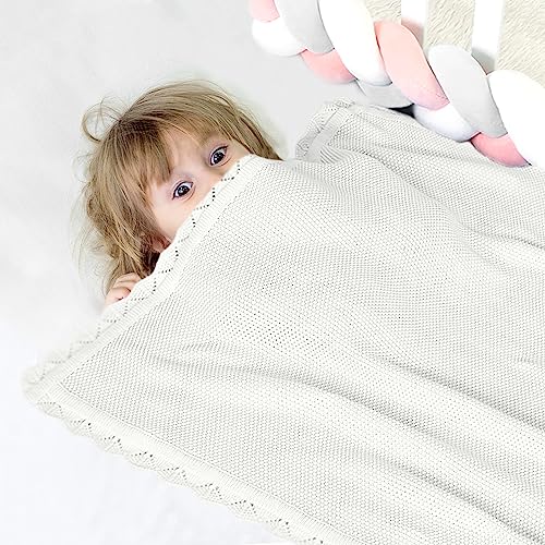 TRENDSTITCH 100% Cotton Baby Blanket Knit Lace Soft Warm Toddler Blanket,30 x 40 Inches,White
