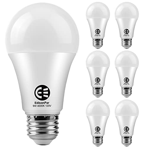 EdisonPar A19 6-Pack LED Light Bulbs, E26 Base 75W Equivalent 1000lumens 4000K Neutral Daylight, Cool White (CWF), Non-Dimmable 9W 15000Hrs Indoor UL