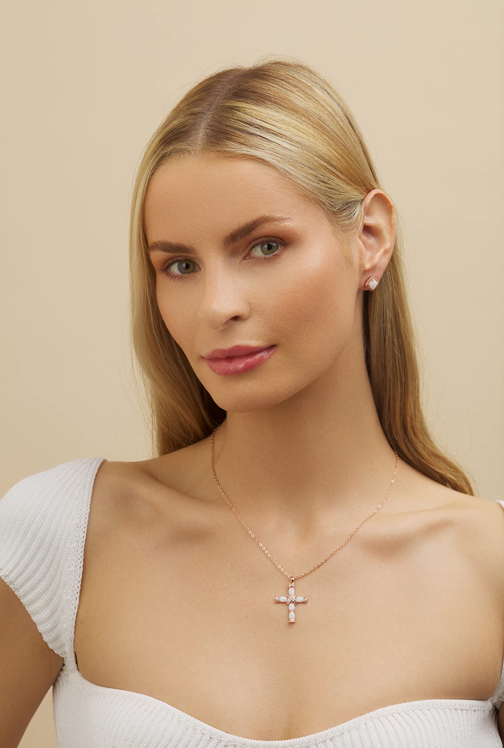 Barzel Rose Gold & White Gold Plated Created Opal Cross Chain With Pendant