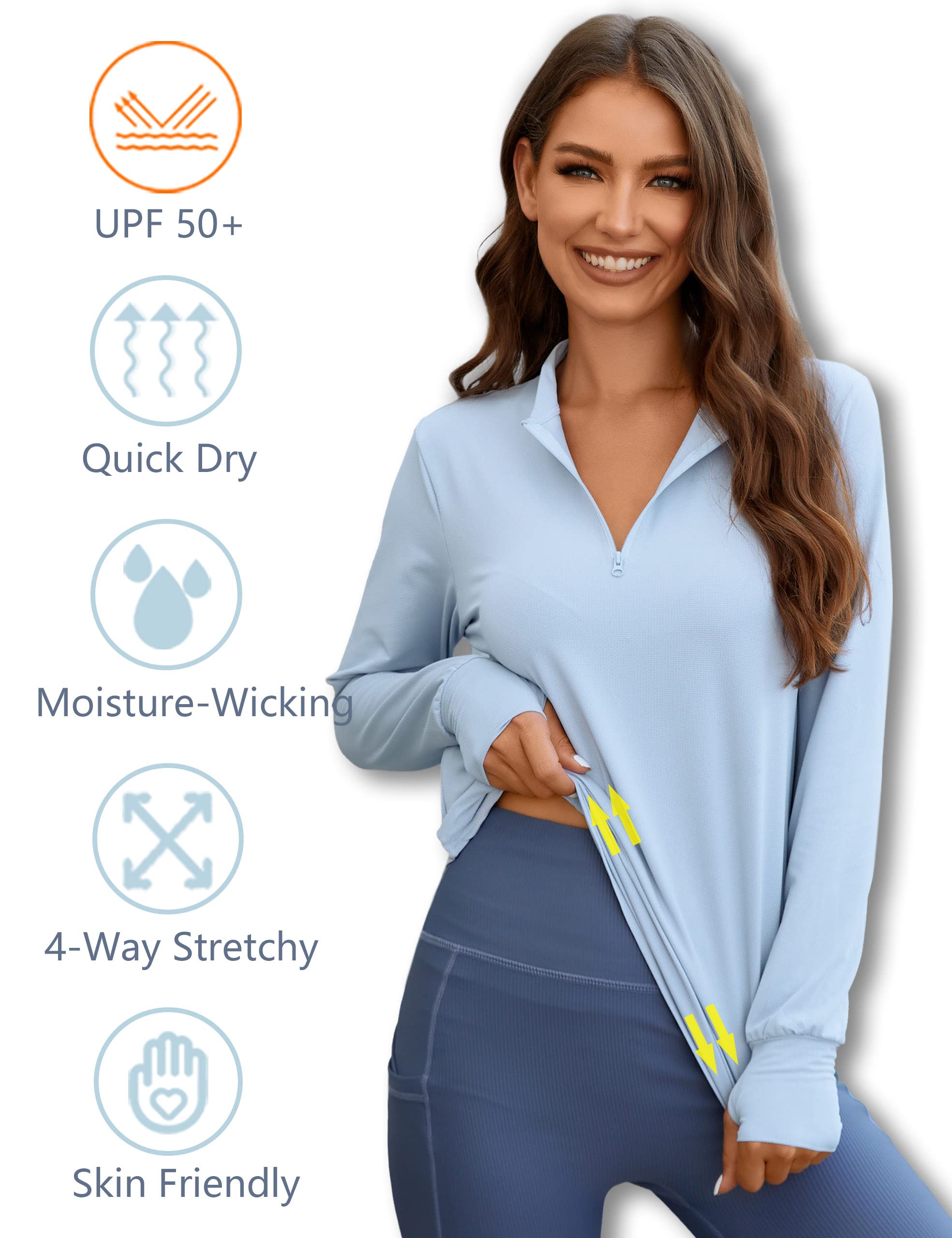 BMJL Women's UPF 50+ Workout Long Sleeve Yoga Shirts Running Hiking Shirts1/4 Zip Pullover Quick Dry Athletic Tops(S,Sky Blue)