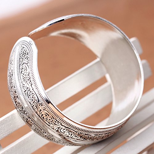 BODYA Tibeten Silver Carved Spiral Flower Connecting Branches Pattern Wide Band Open Cuff Bracelet Bangle for Adult