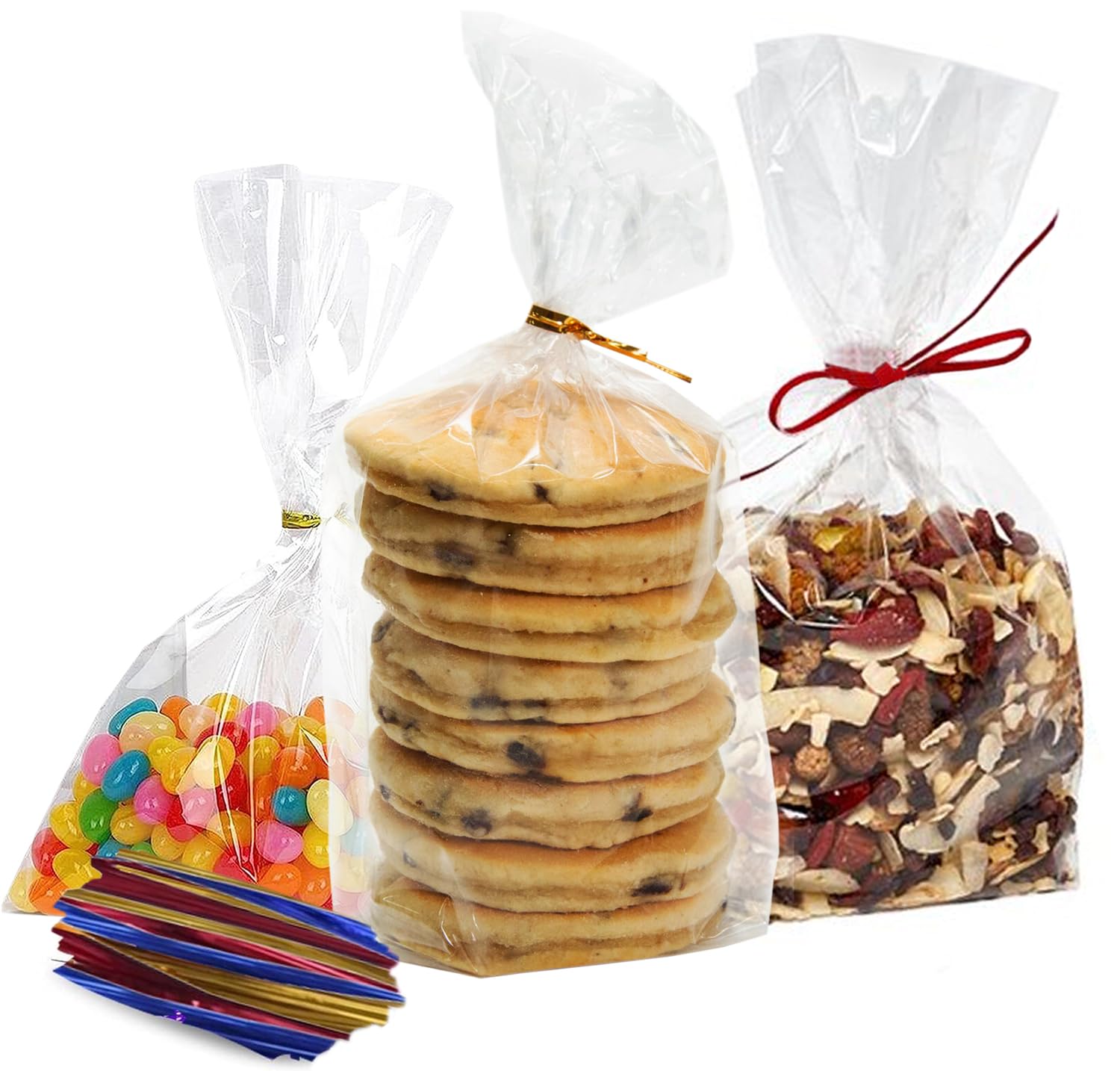 Clear Treat Bags (200 pack) - 4x6 Clear Plastic Gift Bags with 4â Twist Ties 3 Mix Colors - BPA-free Clear Candy Bags for Packaging - Thick OPP Cookie Bags for Wedding, Cakes, Pops, Gift