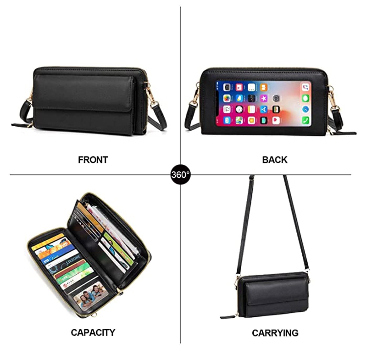 Touch Screen Phone Bag Small Crossbody Bag Shoulder Handbag, RFID Blocking Wallet for Women (#01 Black)