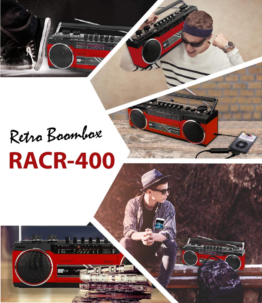 Riptunes Cassette Boombox, Retro Blueooth Boombox, Cassette Player and Recorder, AM/FM/SW-1-SW2 Radio-4-Band Radio, USB, and SD, RED