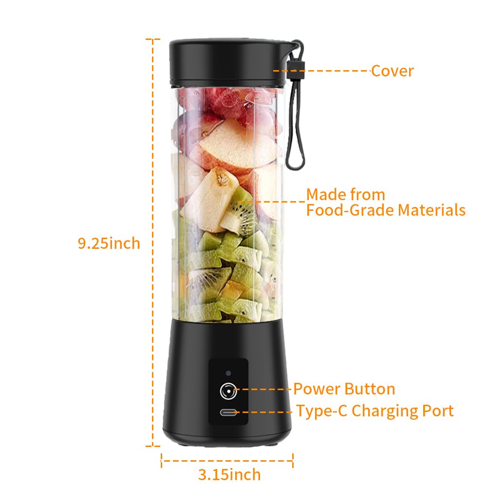 Lyrique Portable Blender: 400ml Personal Electric Blender for Shakes & Smoothies, USB-C Rechargeable, Sharp Stainless Steel Blades with Efficient Mixing Function (Black)