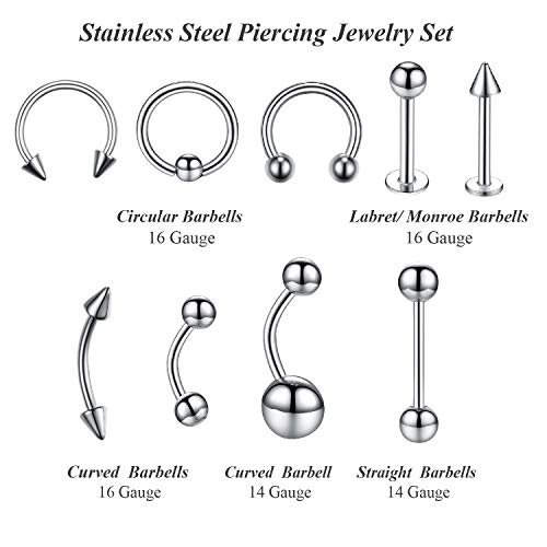 BodyJ4You 36PC PRO Piercing Kit Surgical Steel 14G 16G Belly Ring Tongue Nipple Nose Jewelry