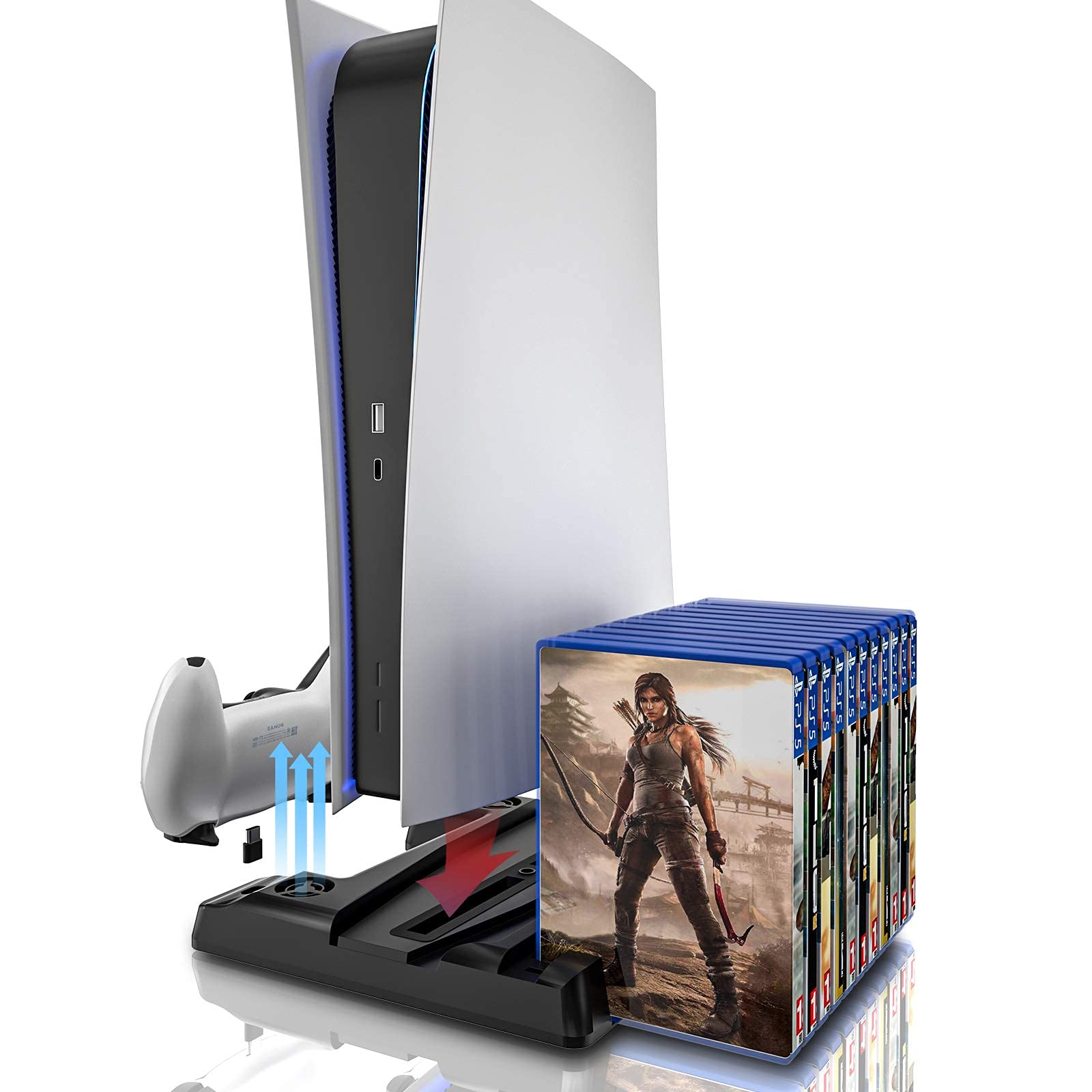 PS5 Accessories, PS5 Cooling Fans and PS5 Cooling Station with Controller Charger and Game Rack