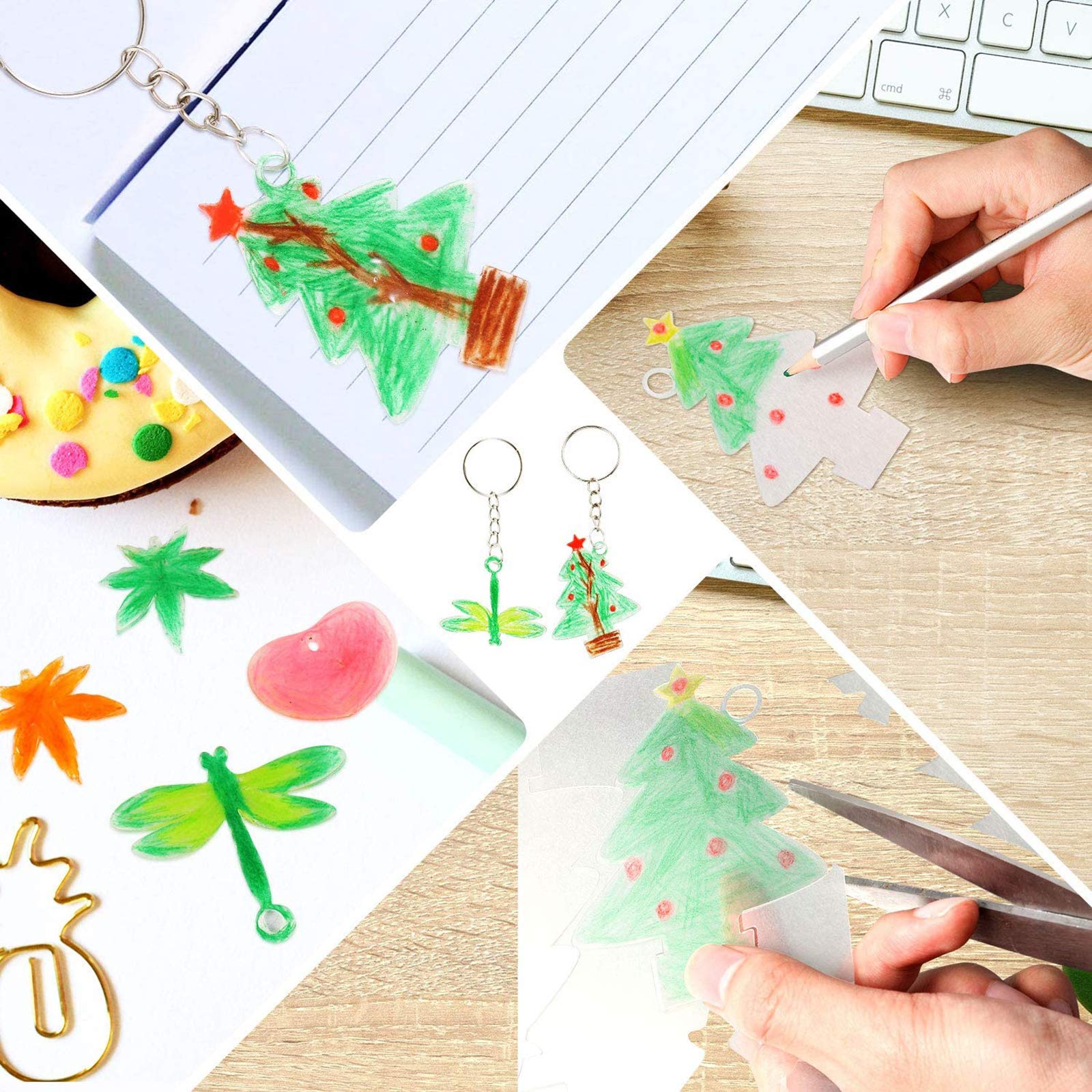 Rawskro 137 Pieces Shrink Plastic Sheet Kit Include 12 PCS Shrinky Art Paper with 125 PCS Keychains Accessories,Create Your Own Shinky Dinks, Earrings, Necklace, Keychains (A5 Size)
