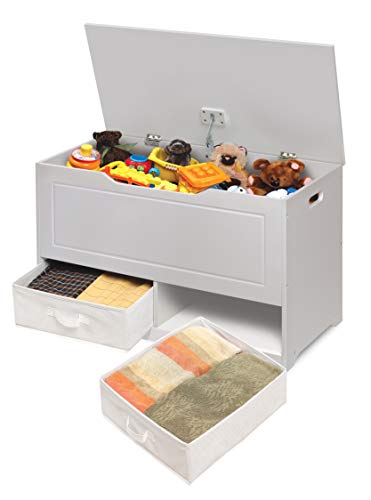 Badger Basket Kid's Up & Down Toy Box and Organizer with Two Reversible Fabric Bins - White