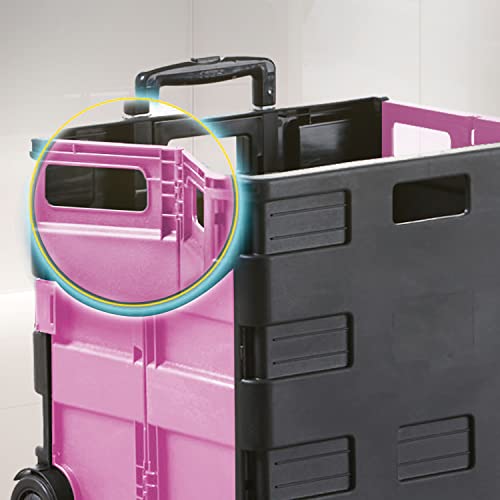 Inspired Living Ultra-Slim Rolling Collapsible Storage Pack-N-Roll Utility-carts, with Telescopic Handle, for Home, Garden, Shopping, Office, School use, Medium, Pink & Black