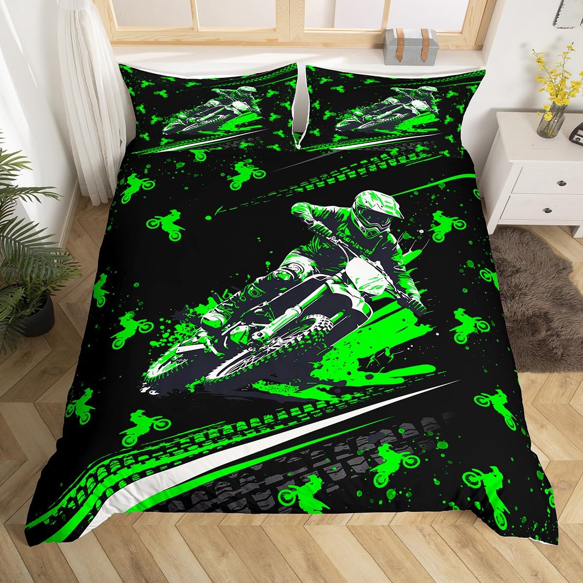 Feelyou Dirt Bike Bedding Set Queen Size Racing Motocross Rider Comforter Cover Set for Boys Teens Extreme Sports Duvet Cover Breathable Green Black Bedspread Cover Room Decor Motorcycle Quilt Cover