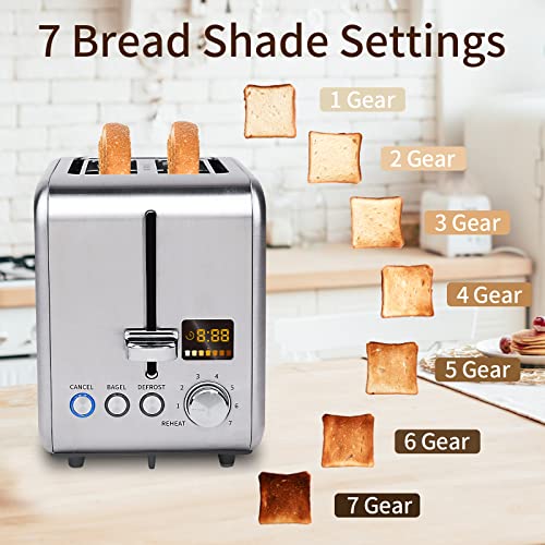 SEEDEEM Toaster 2 Slice, Stainless Steel Bread Toaster with Colorful LCD Display, 7 Bread Shade Settings, 1.4'' Wide Slots Toaster with Bagel/Defrost/Reheat Functions, Removable Crumb Tray, 900W, Silver Metallic
