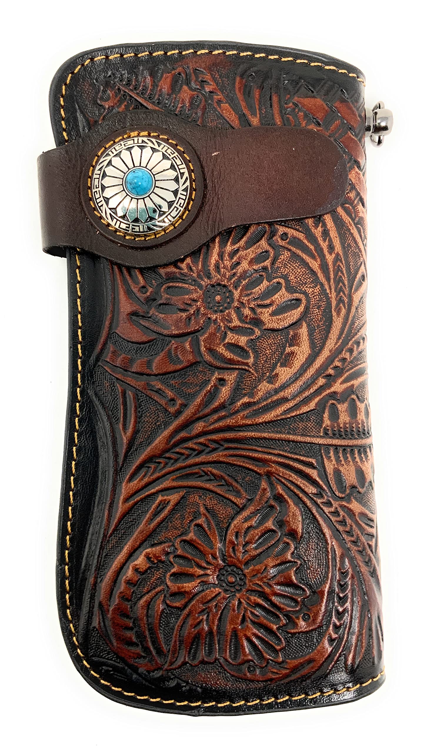 Large Concho and Print Flora Genuine Leather Women's Trifold Wallet/Cellphone Case with Exrta Wrist in 3 colors (Brown)