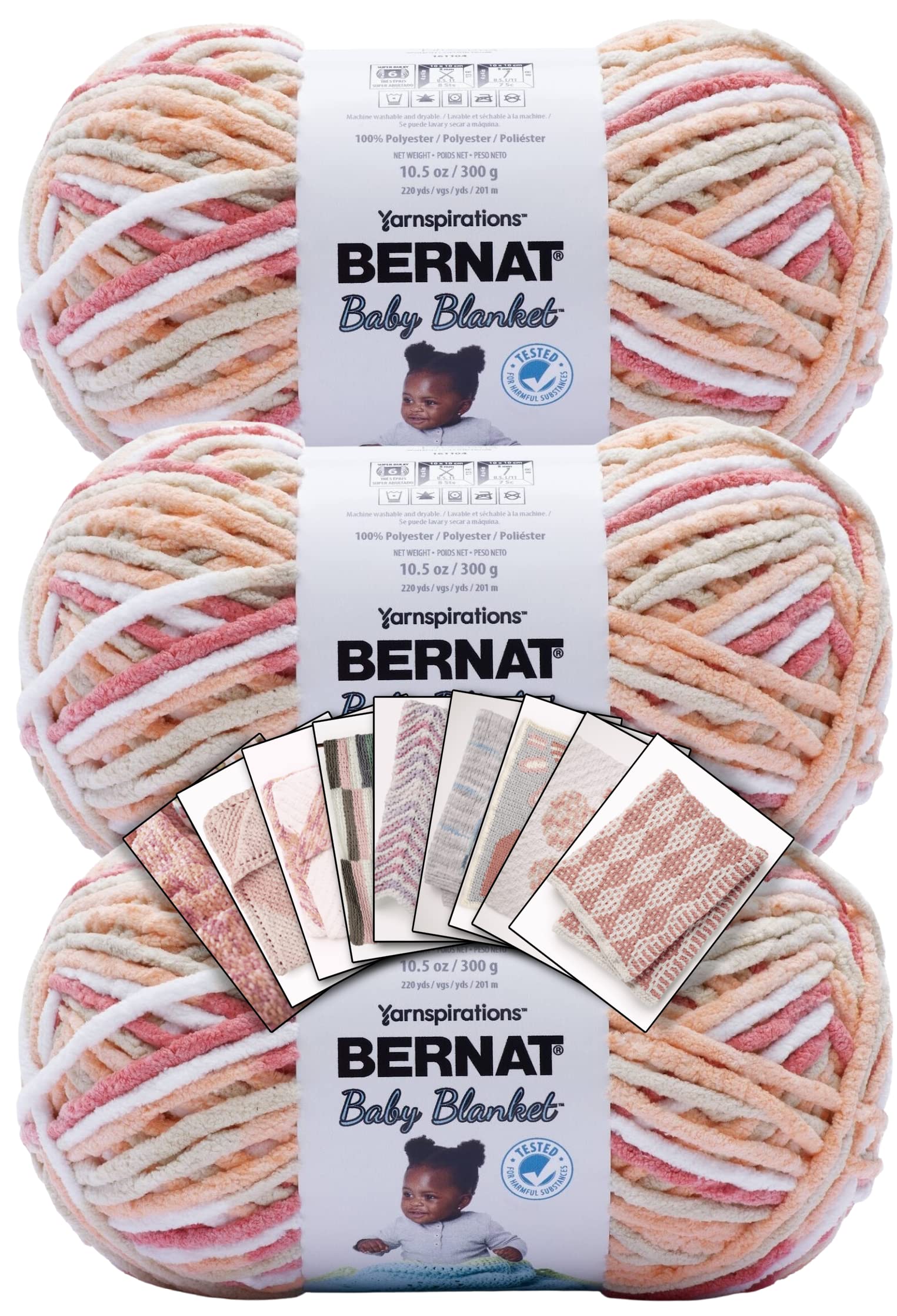 Bernat Baby Blanket Yarn - Big Ball (10.5 oz) - 3 Pack with Pattern Cards in Color (Peach Blooms)