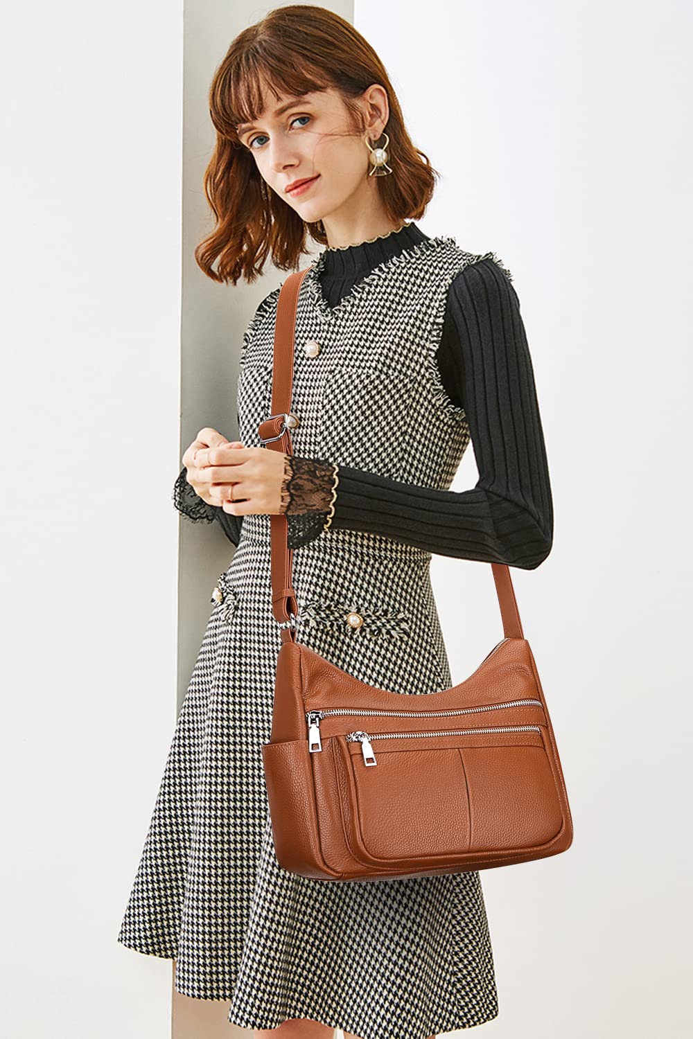 Over Earth Genuine Leather Purses and Handbags for Women Soft Leather Crossbody Bag Ladies Message Bag with Multi Pockets(O154E Brown)