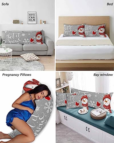 Edwiinsa Christmas Snowman Pillow Covers Standard Size Set of 2 Bed Pillow, Winter Red Snowflake Grey Plush Soft Comfort for Hair/Skin Cooling Pillowcases with Envelop Closure 20x26 Inches