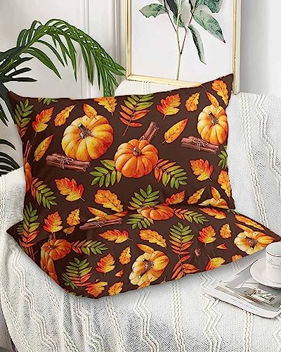 Edwiinsa Fall Pumpkin Pillow Covers Standard Size Set of 2 Bed Pillow, Brown Autumn Maple Leaves Farmhouse Plush Soft Comfort for Hair/Skin Cooling Pillowcases with Envelop Closure 20''x26''