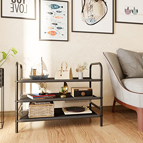 Huhote Shoe Rack 3 Tiers Freestanding Shoe Storage Shelf, Modern Shoe Organizer Multi-Purpose Use with Washable Polyester Fabric Storage Rack for Closet, Entryway, Hallway, Bedroom, Living Room