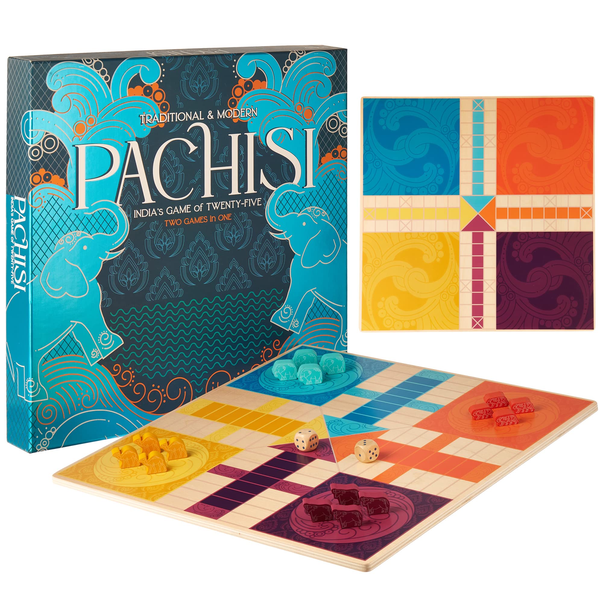 Pachisi: India's Game of Twenty-Five - Features 2-in-1 Modern and Traditional Rulesets - Double-Sided Board Game with Colorful Animal Pawns and Wooden Cowrie Shell - Family Game Night for 2-4 Players