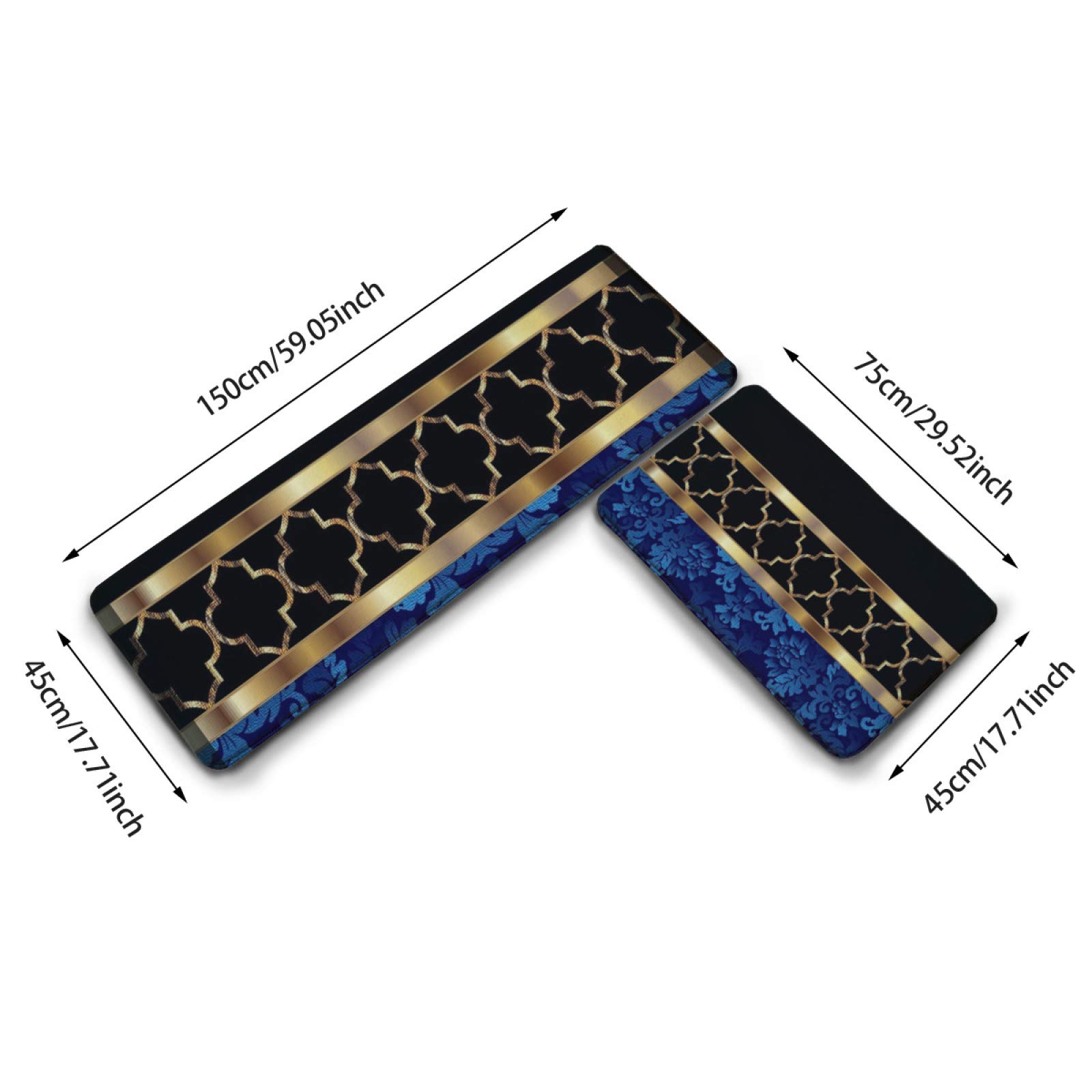 Becmd 2 Pieces Kitchen Rugs and Mat,Elegant Blue Black & Gold Quatrefoil Pattern Non-Slip Kitchen Floor Mat Soft Bath Rug Doormat Carpet Set Blue,gold onesize