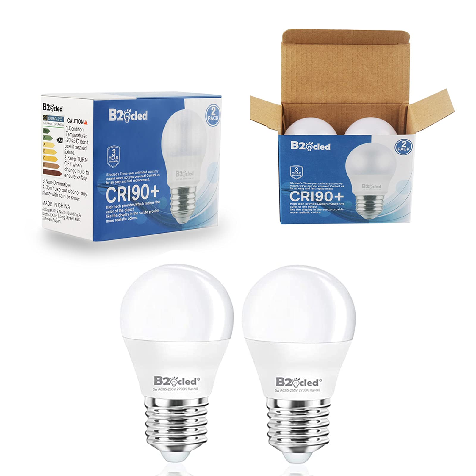 B2ocled LED Light Bulb 3W(25 Watt Equivalent) A15 Lamp 2700K Warm White CRI90+ Non-Dimmable E26/E27 Base for Home Lighting Decorative 240-Lumen 2-Pack