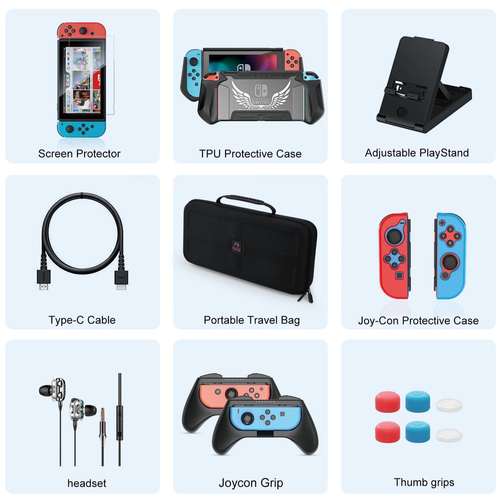 HEYSTOP Carrying Case Compatible with Nintendo Switch Portable Travel All Protective Storage Case Screen Protector Thumb Grips Caps for Nintendo Switch Accessories with Joy-con Grips and PlayStand