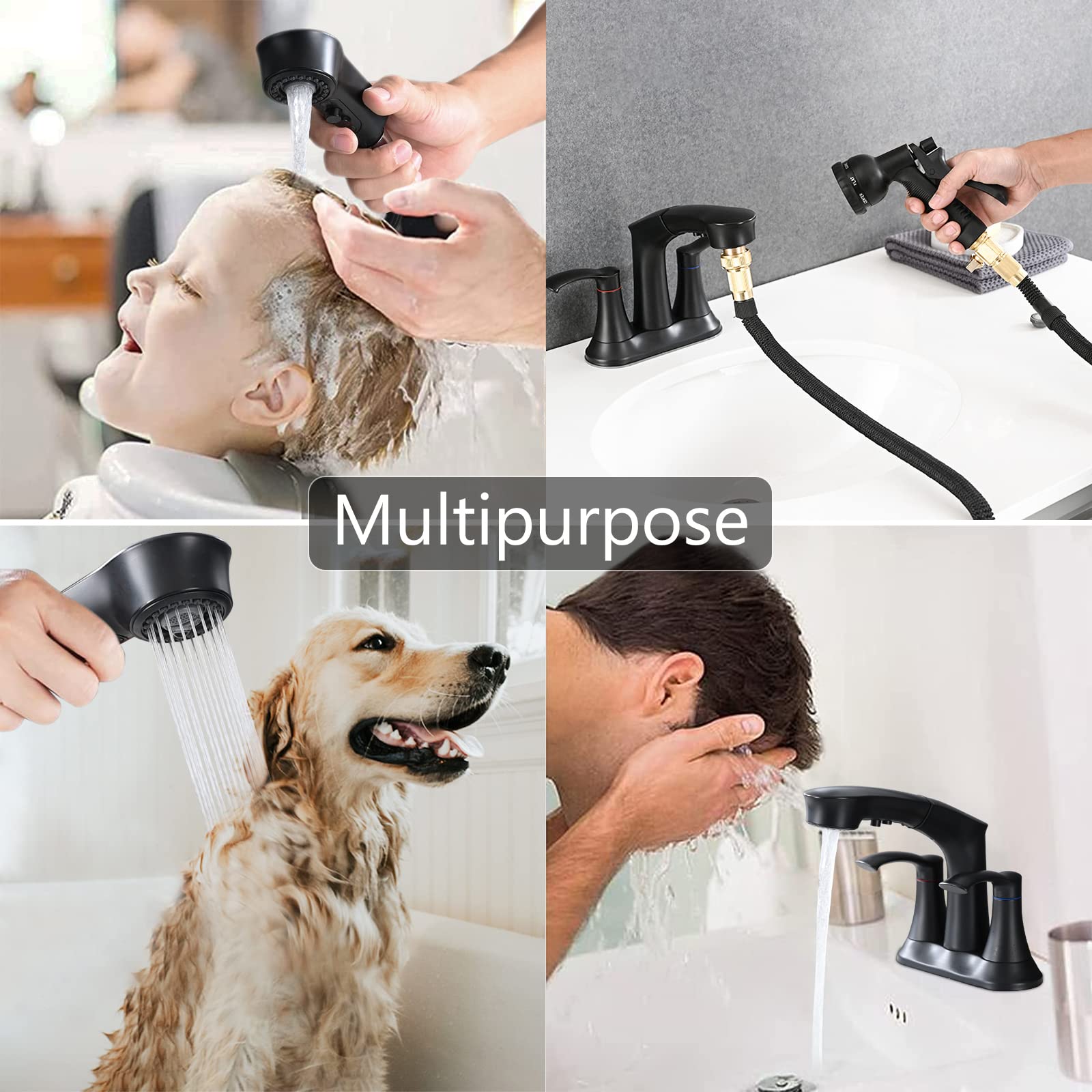 Besfelos Bathroom Faucet with Pull Out Sprayer, 4 Inch Centerset 3 Hole Faucet Utility Sink Faucet, 2 Handle Pull Out Faucet for Bathroom, Utility Sink or Laundry Tub, Matte Black