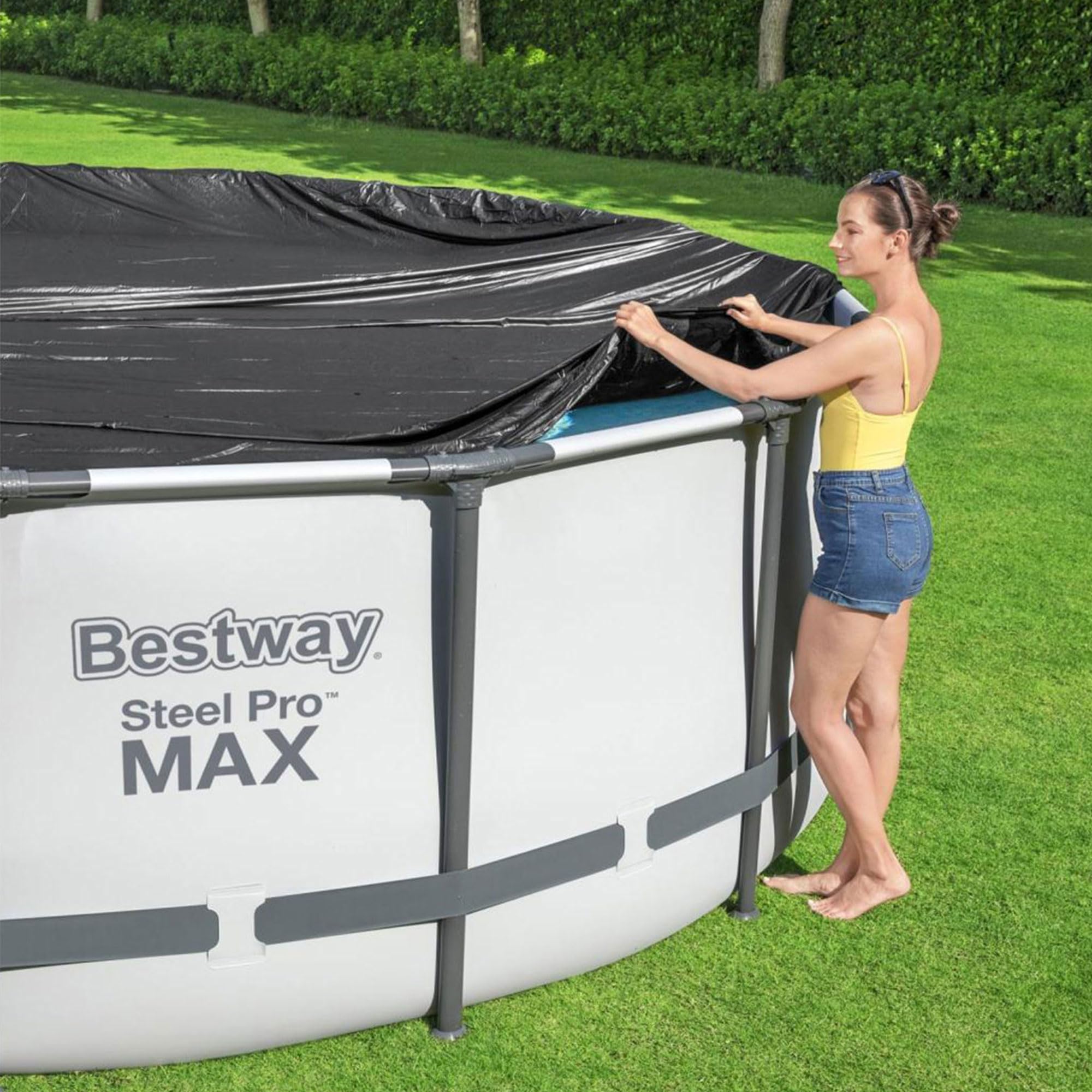 Bestway Flowclear PVC Round 15 Foot Pool Cover for Above Ground Frame Pools with Drain Holes and Secure Tie-Down Ropes, Black (Cover Only)