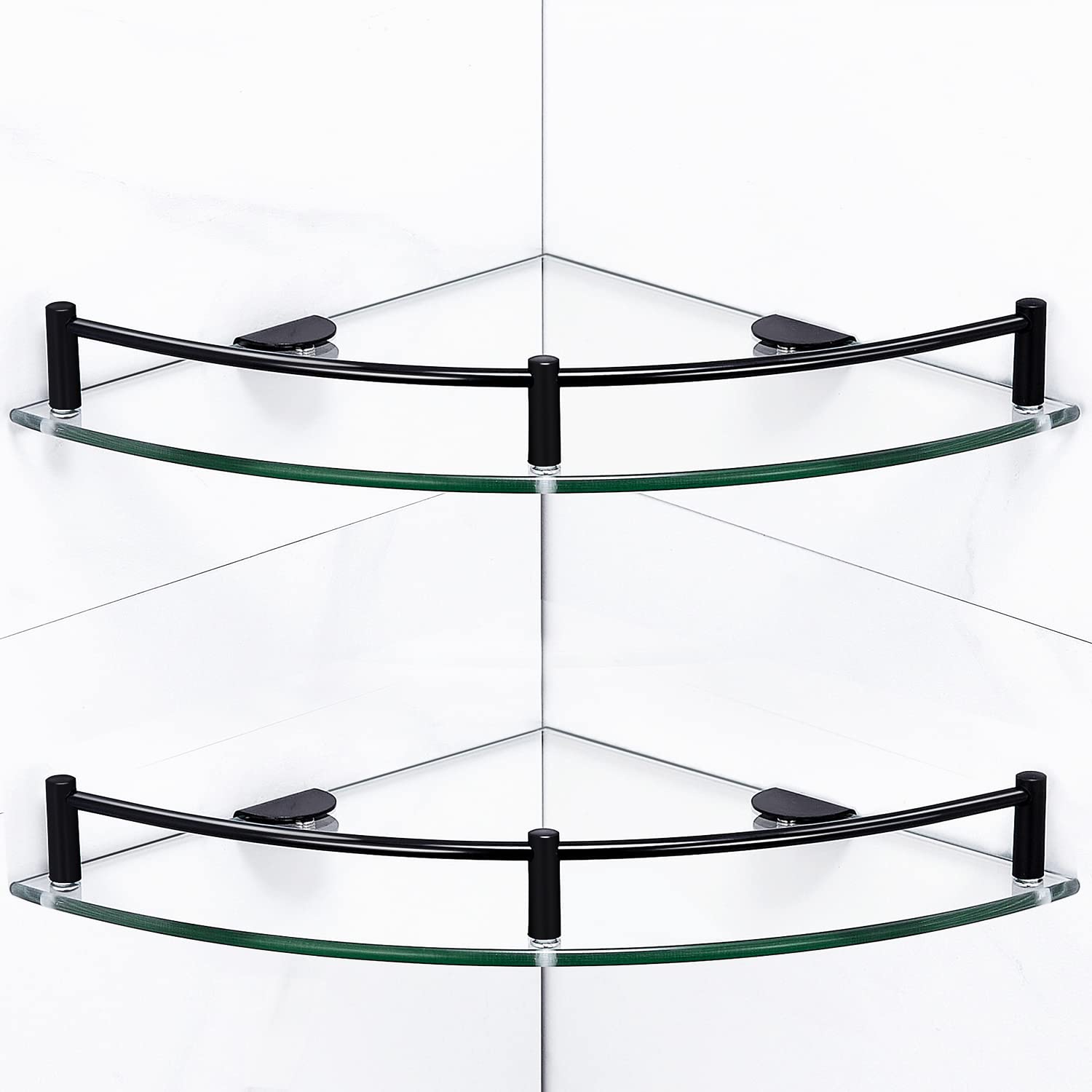 Halyuhn Bathroom Shower Corner Shelf, 9.5in Tempered Glass Bathroom Shelf for Bathroom Corner Shower Wall Mounted, 2 Tier Bathroom Organizers and Storage, Stainless Steel Rail