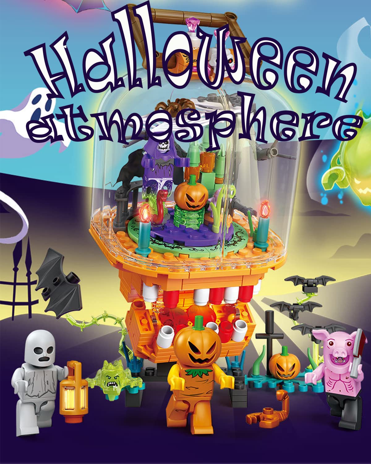 Building Blocks Building Toy 3D Toy Blocks DIY Bricks Toys Building Set Unique Home Decor, Birthday Tricky Magic Night Pumpkin Wizard for Lego (Halloween Lights)