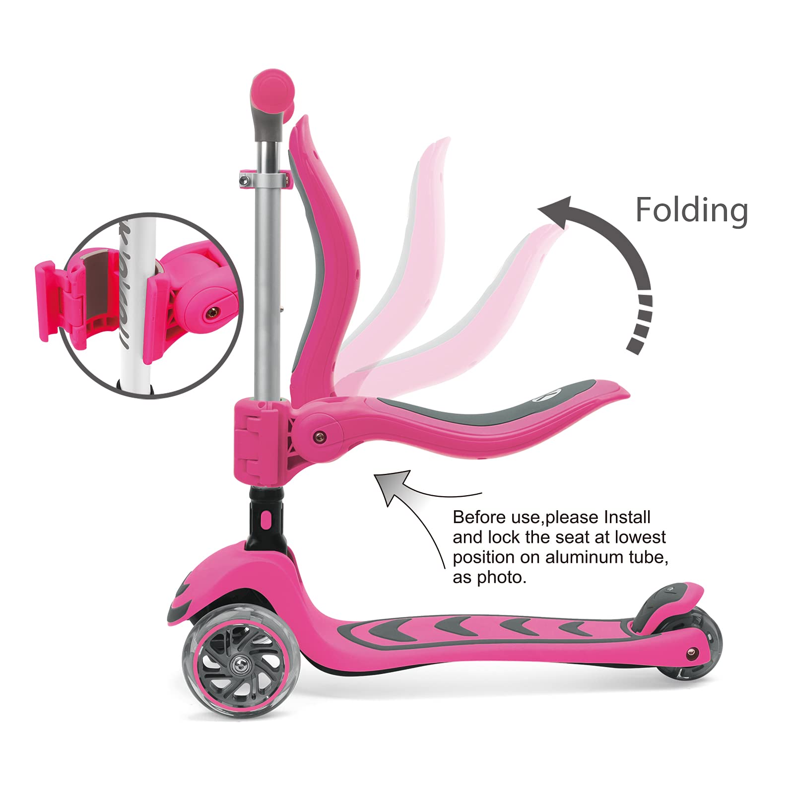 Kicknroll 3 Wheel Scooter for Kids Ages 3-5, Extra-Wide Deck Lean to Steer Foldable Toddler Scooter with Seat, 3 LED Light Wheels & 4 Adjustable Height, 110 Lbs Capacity- Pink 2 in 1 Kids Scooter