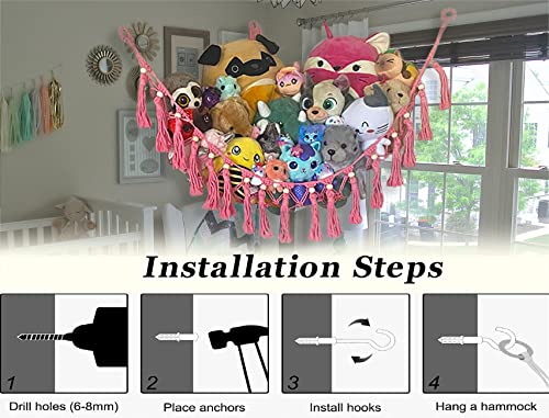 Stuffed Animal Hammock,Boho Plush Toy Net Hammock for Stuffed Animals,Toy Corner Hammock Organizer with Tassel Macrame,Display Holder Net,Net for Stuffed Animals for Nursery Playroom-Pink