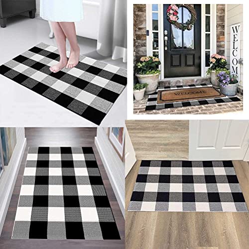 HOYIJA Buffalo Plaid Rug 2'×3'Outdoor/Indoor Black and White Checkered Samll Area Rug,Retro Cotton Woven Check Washble Entryway Front Porch Decor Rugs for Layered Welcome Front Door Mats