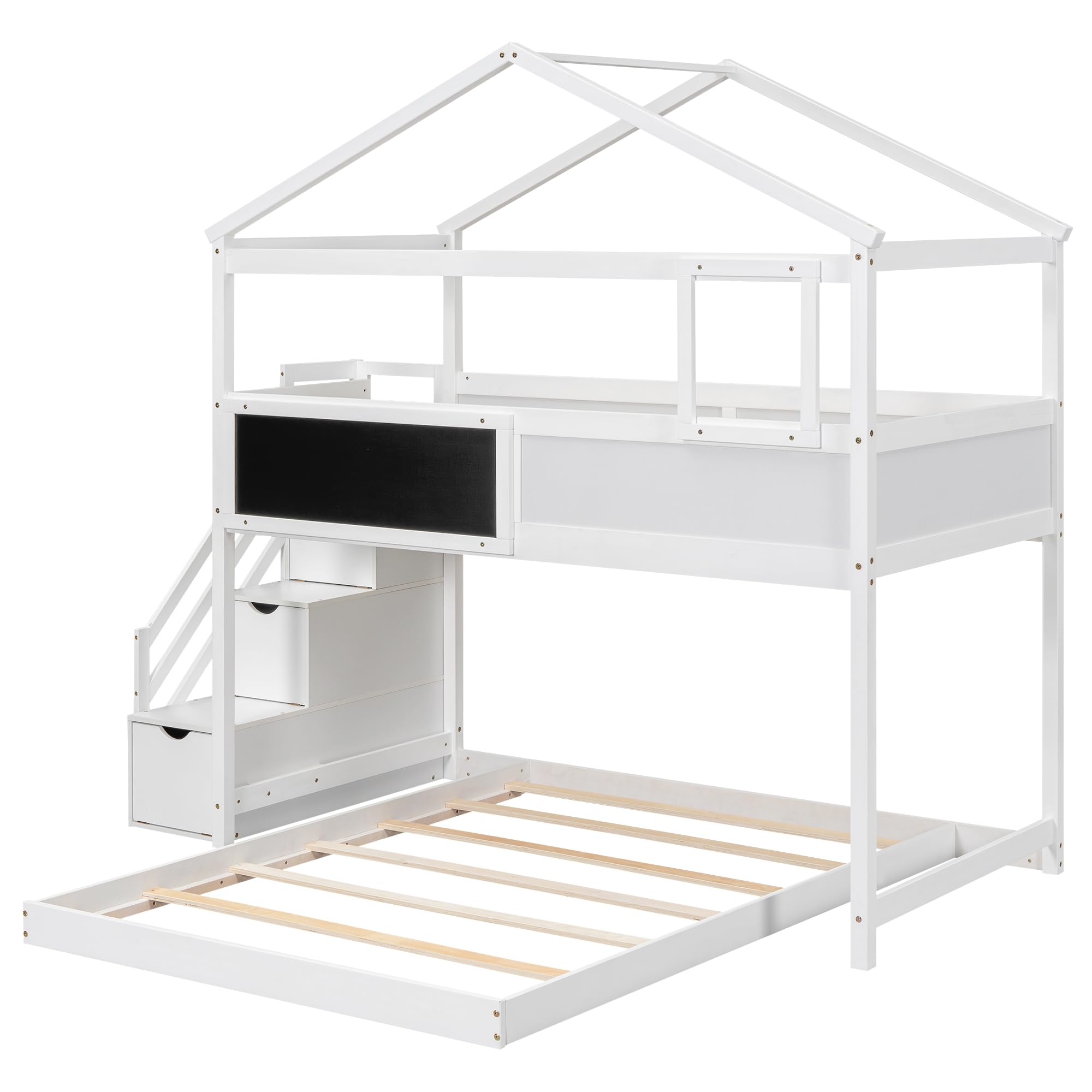 Harper & Bright Designs Twin Over Full House Bunk Bed with Stairs and Blackboard, Wood Floor Bunk Bed Frame with Storage Staircase, for Kids Teens (White)
