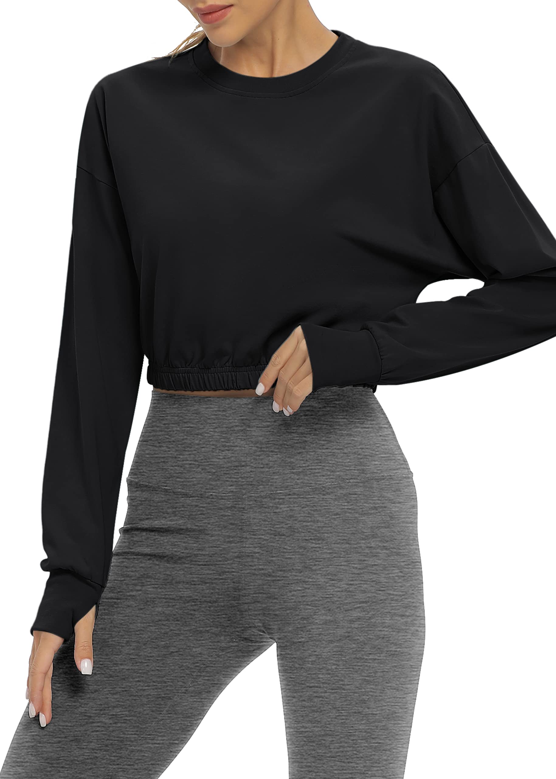 Bestisun Womens Long Sleeve Workout Dance Exercise Clothes Activewear Yoga Running Tops Tennis Hiking Athletic Crop Top Black M