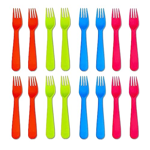 Jawbush 16Pcs Plastic Kids Forks, Reusable Toddler Utensils with Bright Colors, Durable Silversware Set for Lunch Box Camping or Travel, Easy Grips Both for Kids or Adults, BPA Free Dishwasher Safe