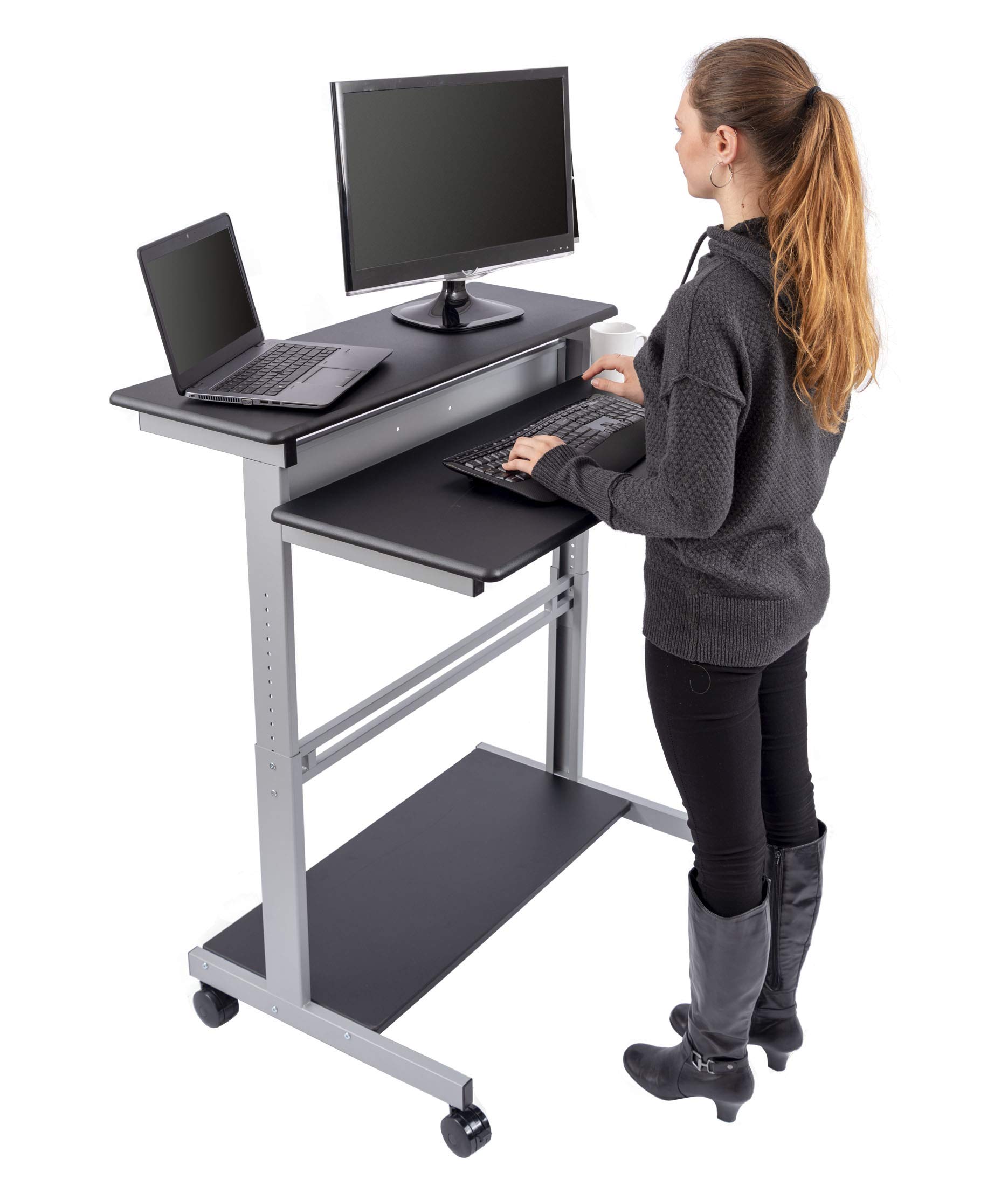 Stand Up Desk Store Rolling Adjustable Height Two Tier Standing Desk Computer Workstation (Silver Frame/Black Top, 40" Wide)