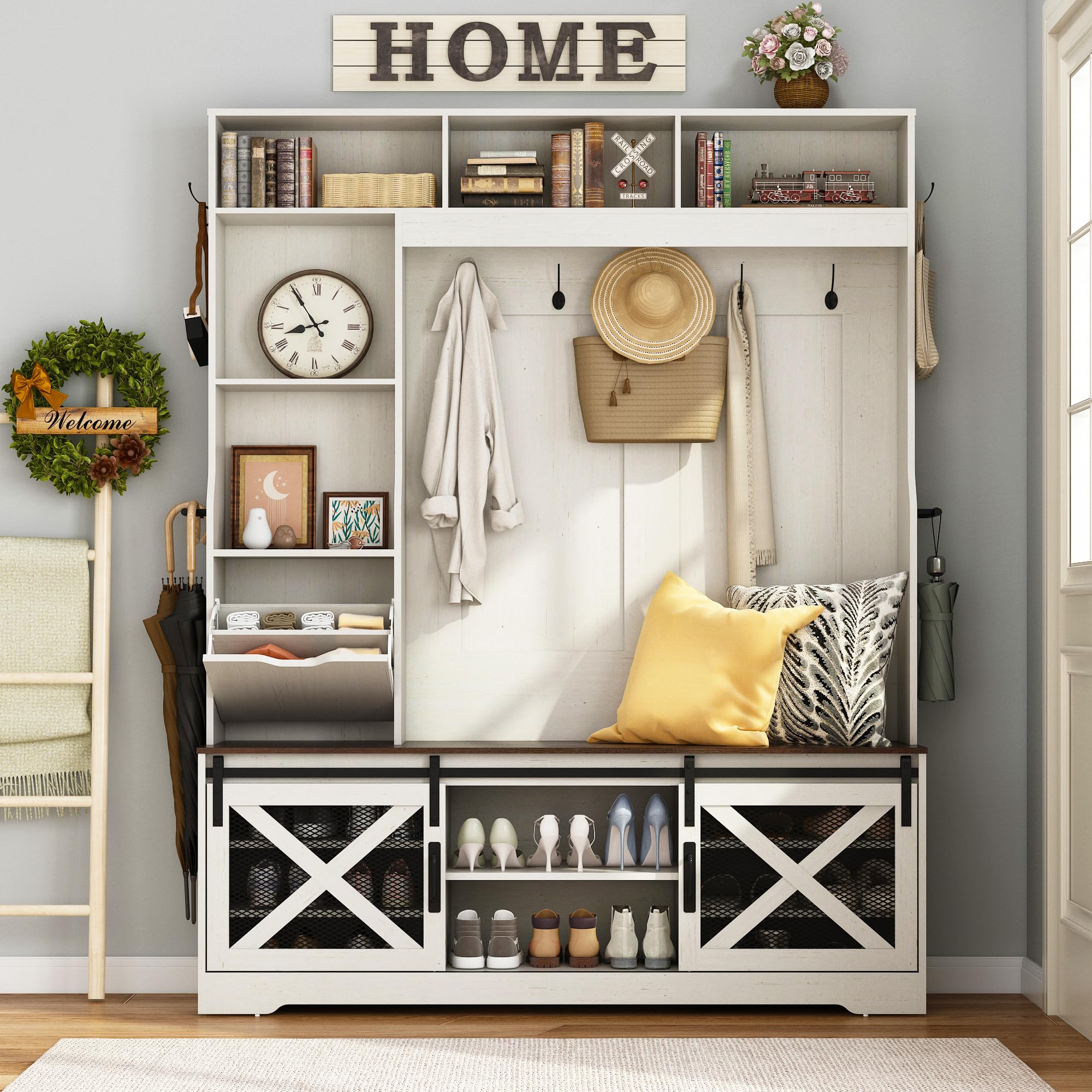 chartustriable 75''H LED Farmhouse Hall Tree with Bench and Shoe Storage,Entryway Bench with Coat Rack,16 Shoe Cubbies & Umbrella Holder and Sock Storage Drawer,Mudroom/Hallway Storage Cabinet