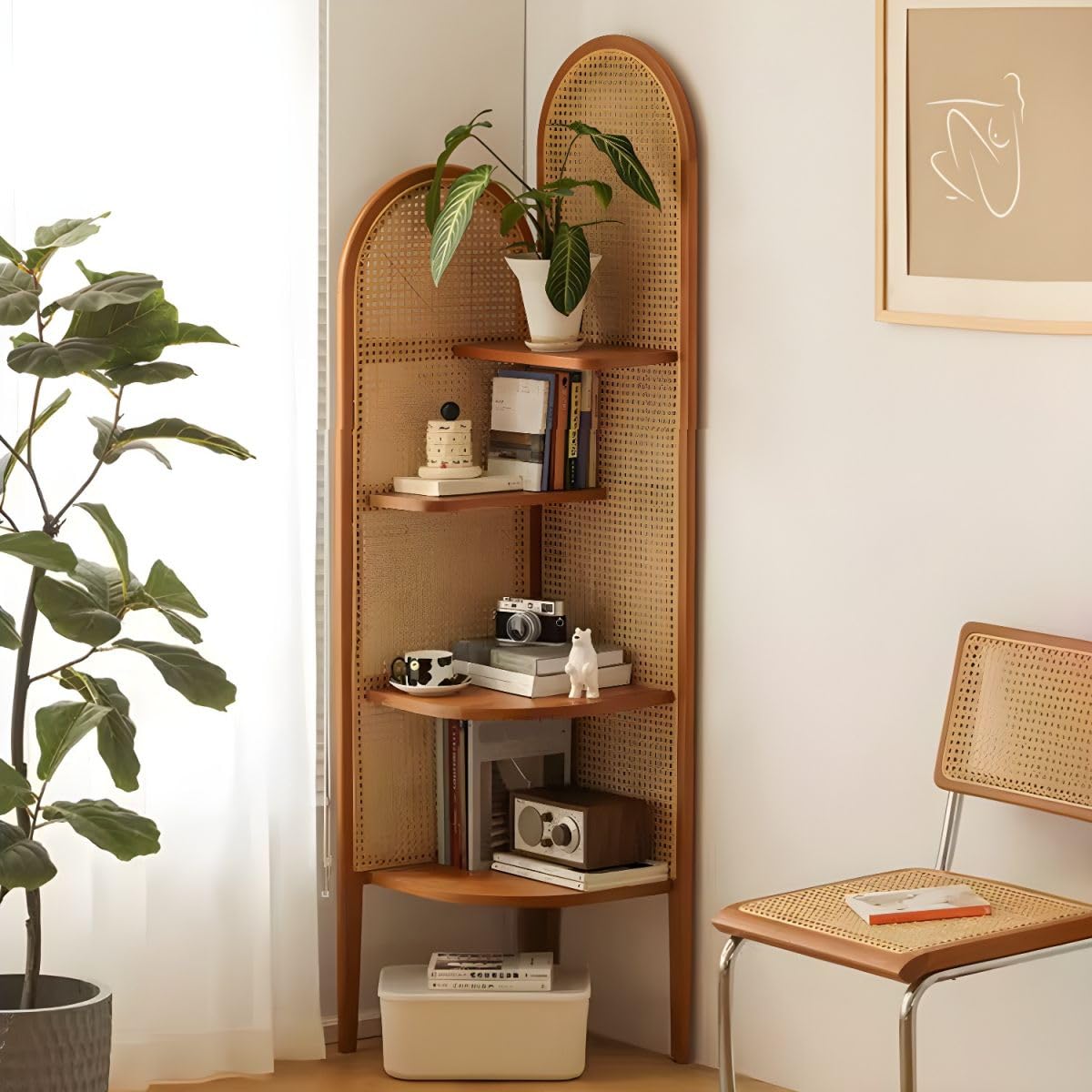 CraftThink 4-Tier Corner Shelf, Tall Corner Accent Chest Display Storage Rack with Counter Top and Multiple Shelves for Living Room Bedroom Home Office, Cherry