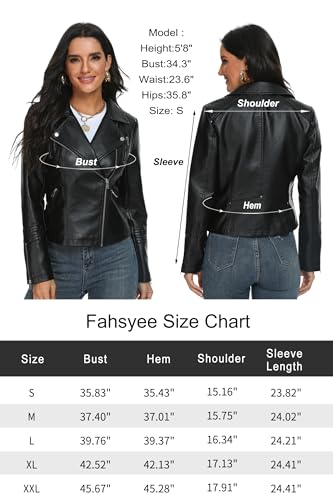 Fahsyee Women's Leather Jackets, Faux Motorcycle Plus Size Moto Biker Coat Short Lightweight Vegan Pleather Fashion, Black, M