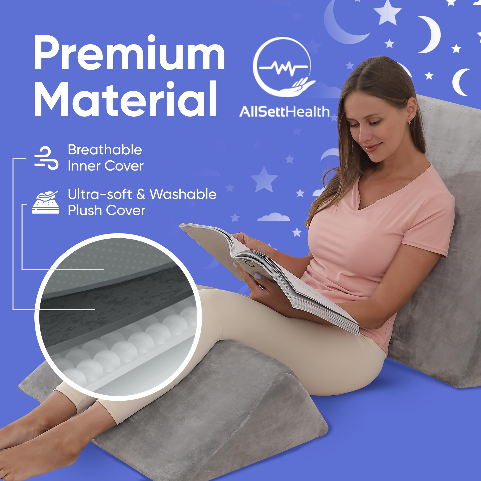 Bed Wedge Pillow β 2 Separate Memory Foam Incline Cushions, System for Legs, Knees and Back Support Pillow | Acid Reflux, Anti Snoring, Heartburn, Reading β Machine Washable, Grey