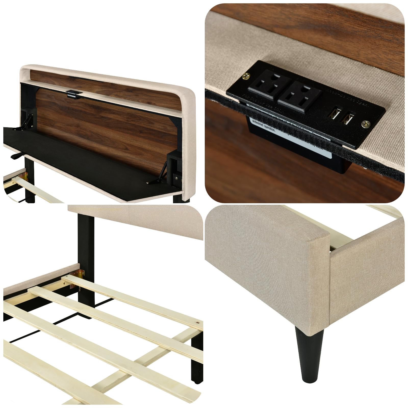 ChicFurnit Full Size Upholstered Platform Bed with Storage Headboard, Sensor Light and a Set of Sockets and USB Ports, Linen Fabric, Beige