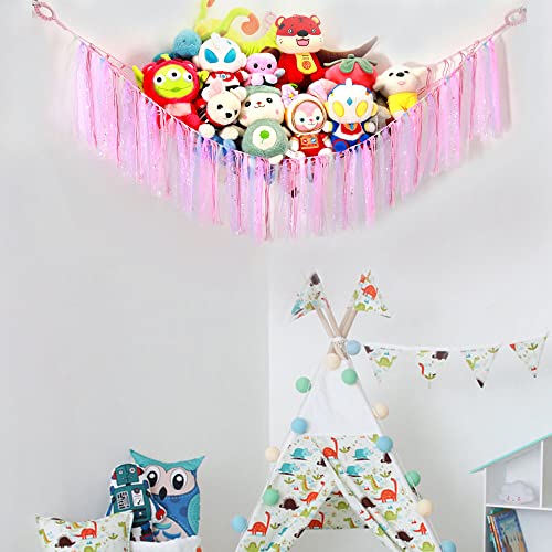 Stuffed Animal Net or Hammock with LED Light, Toy Hammock Hanging Stuffed Animal Storage Organizer Holder for Nursery Playroom Bedroom Kids Room Toy Storage (Pink)