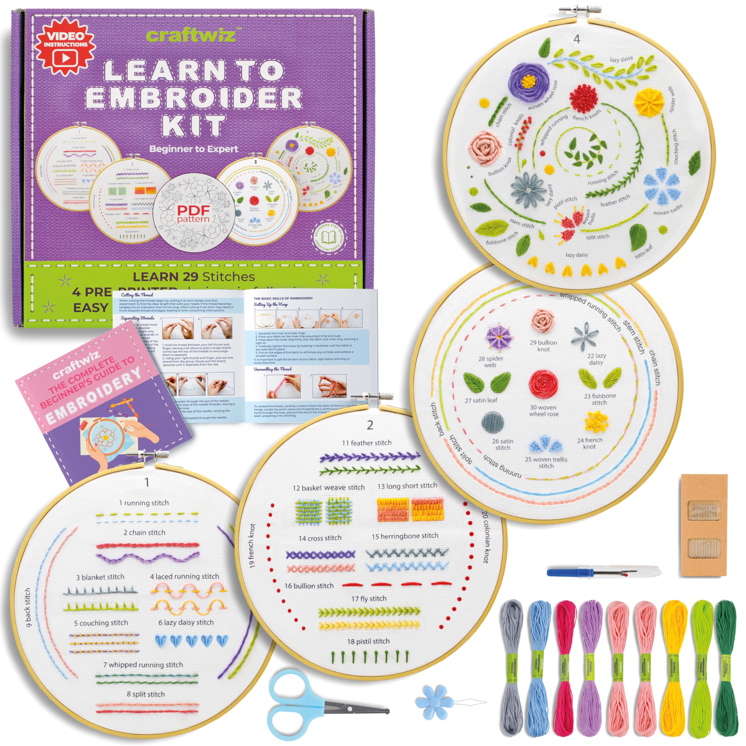 Craftwiz 4 Set Starter Embroidery Kit for Beginners Adults and Teens with Simple Embroidery Patterns, Beginner Embroidery Kit for Adults, Learn to Embroider 29 Stitches with Hand Embroidery Kit